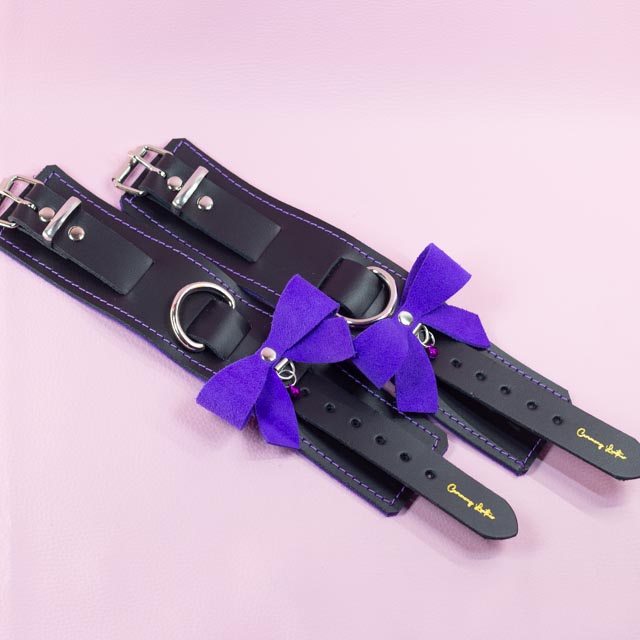 Leather Wrist Cuffs with Violet Suede Bows - Ceremony Leather
