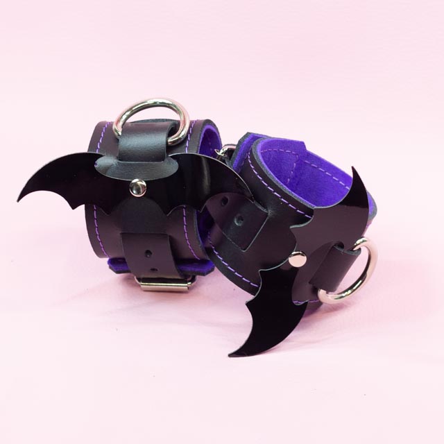 Leather Wrist Cuffs with shiny bats and Violet Lining - Ceremony Leather