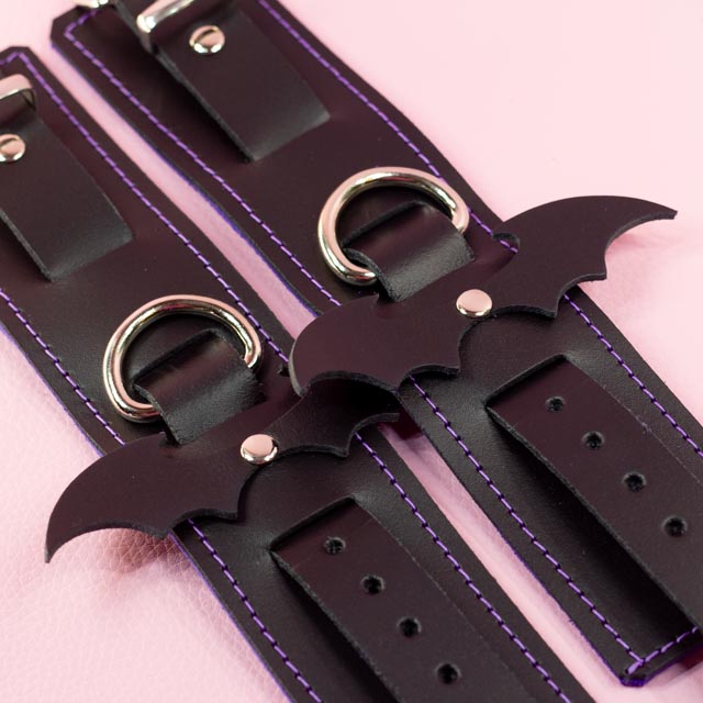 Leather Wrist Cuffs with matte black bats and Violet Lining - Ceremony ...