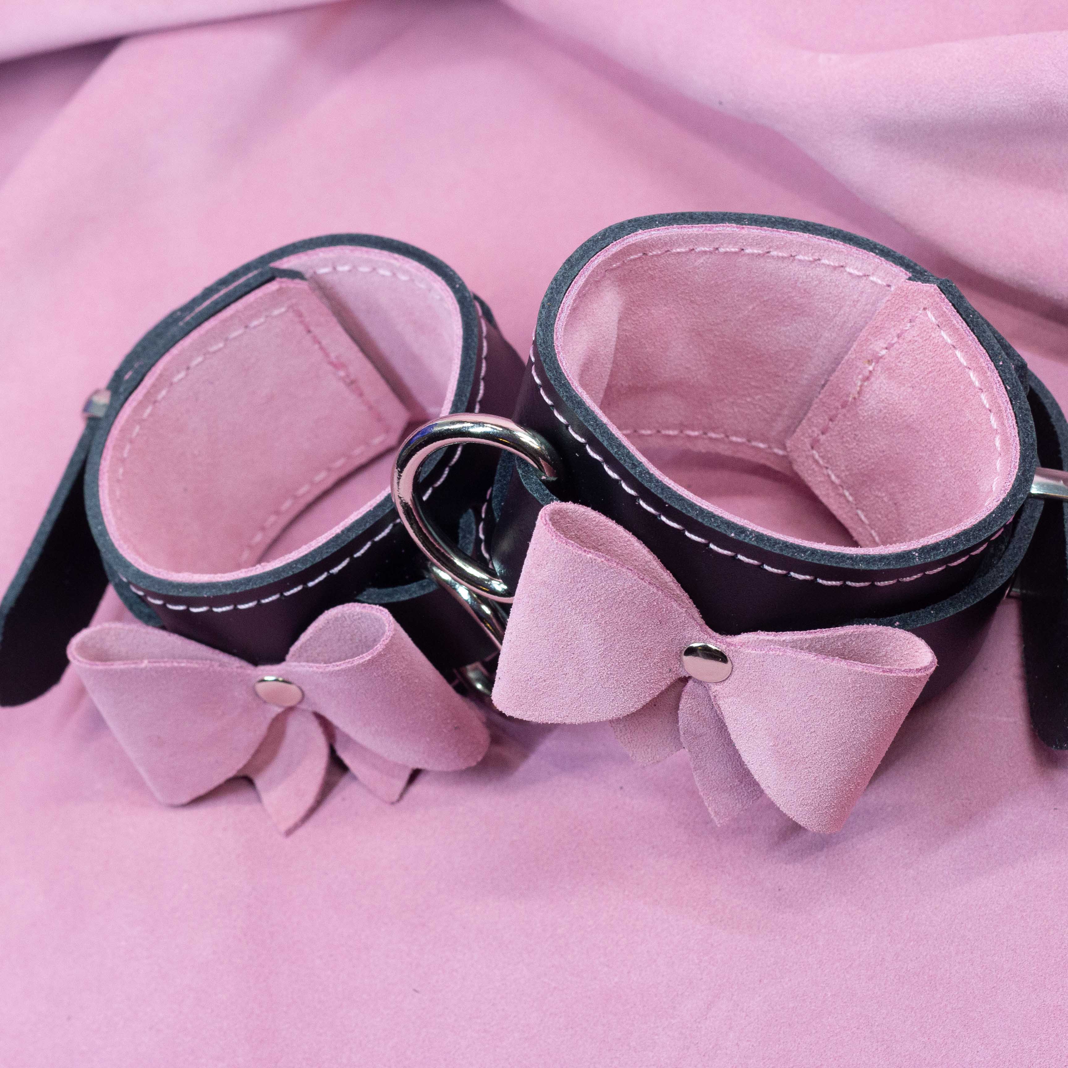 Bondage Cuffs - Black Leather lined with Pretty Baby Pink Suede with ...