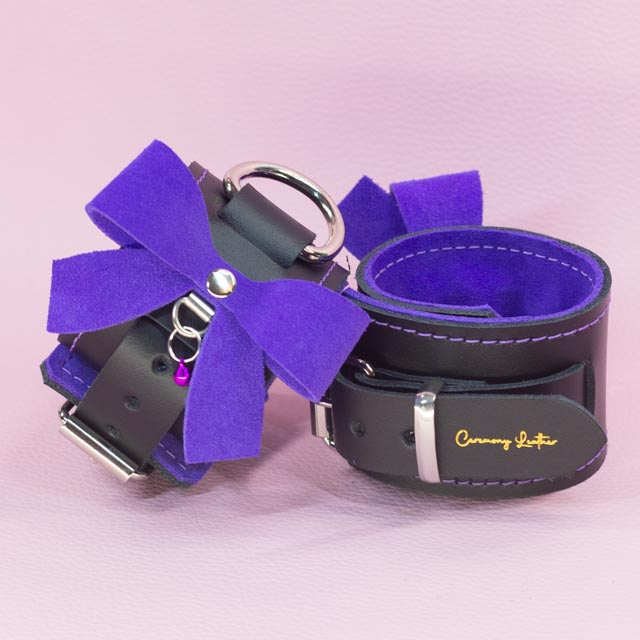 Leather Wrist Cuffs with Violet Suede Bows - Ceremony Leather