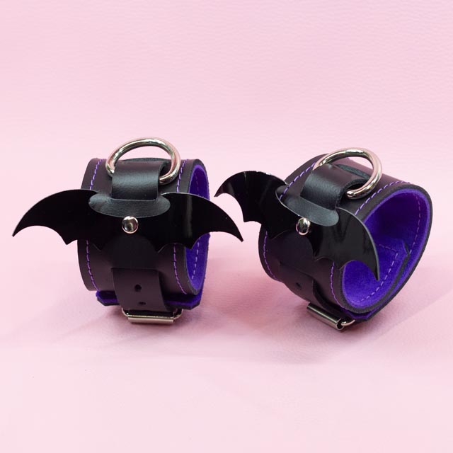 Leather Wrist Cuffs with shiny bats and Violet Lining - Ceremony Leather